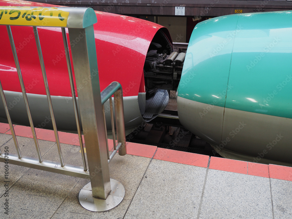 TOKYO, JAPAN - October 29, 2024: Detail of the coupling section between E5 series and E6 series ...