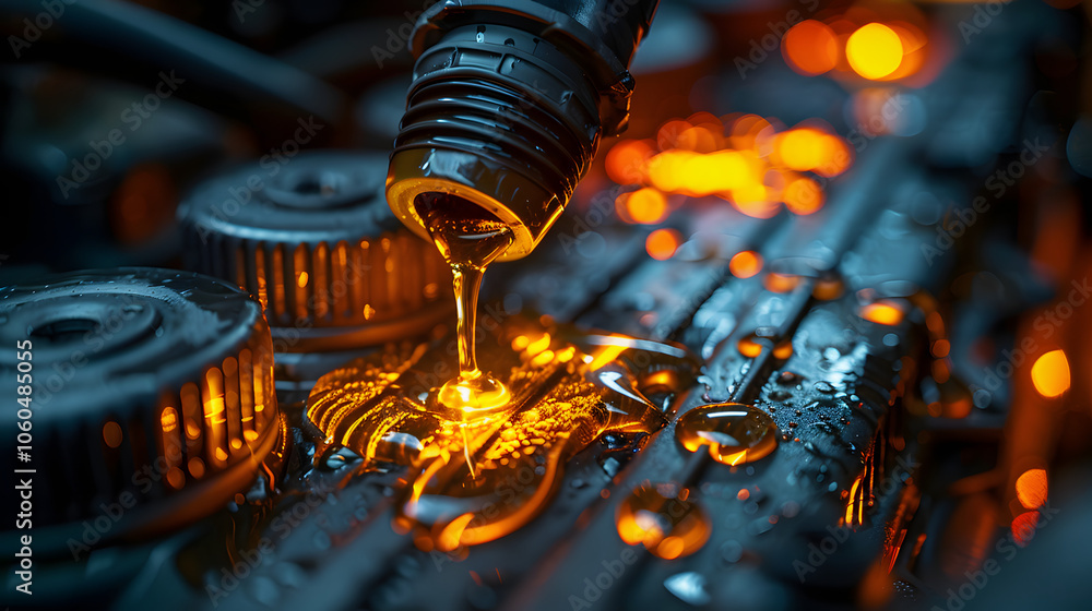 close-up of engine oil being poured into a car engine to protect and ...