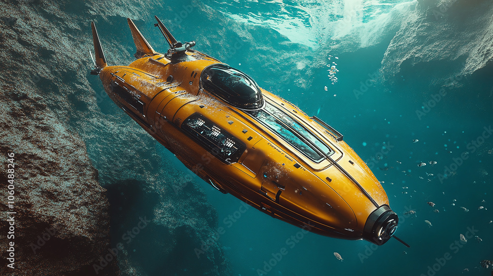 A deep-sea submarine with lights on, navigating through dark ocean ...