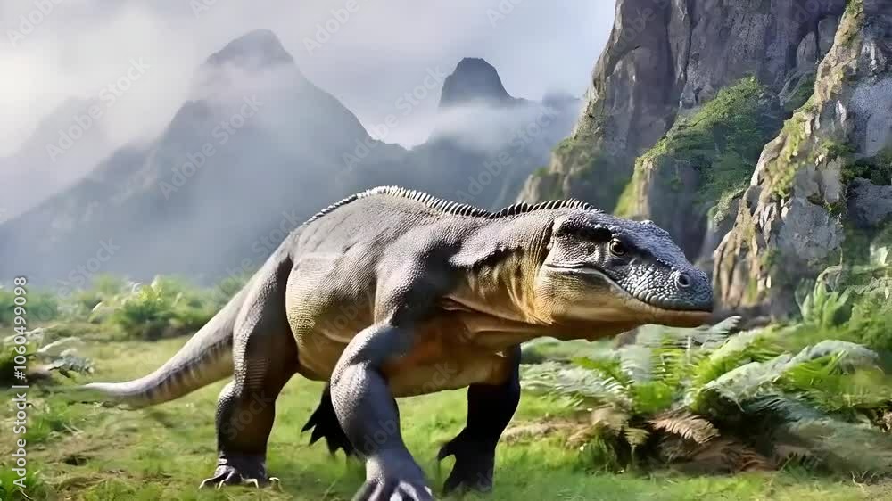 A close-up shot of Megalania’s face, captures the rough texture of its ...