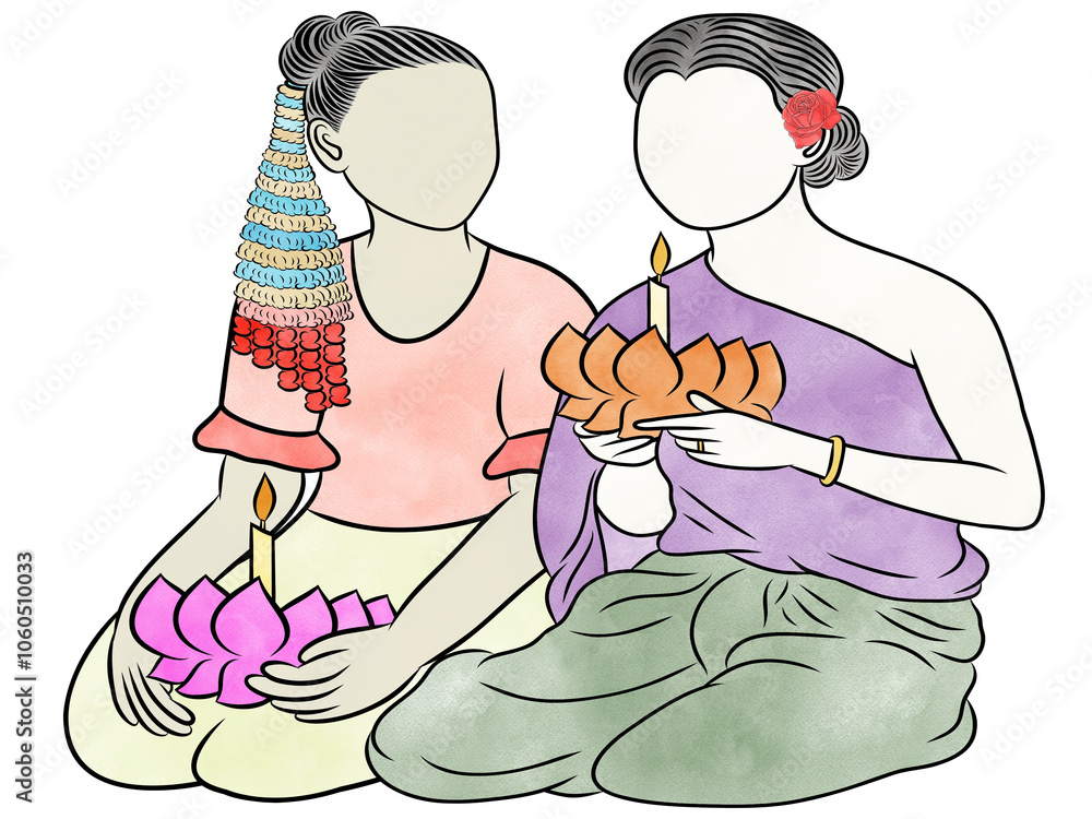Loy Krathong festival.Thai person with Thai traditional costume.Cute ...
