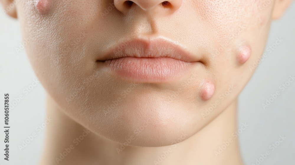 Closeup of a face with hormonal acne around the mouth and chin, showing ...