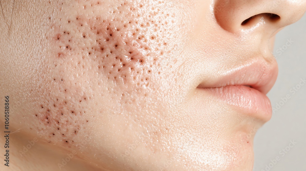 Closeup of a person with deep acne scars and enlarged pores across the ...