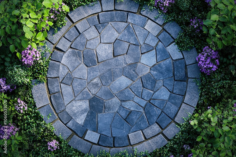 top view luxury circle blue and grey stone pavement with beautiful ...