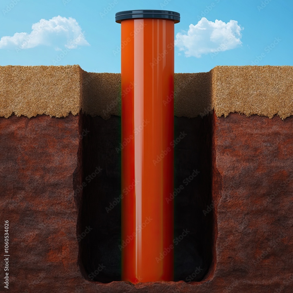 A vibrant orange pipe is installed vertically in a dug-out section of ...