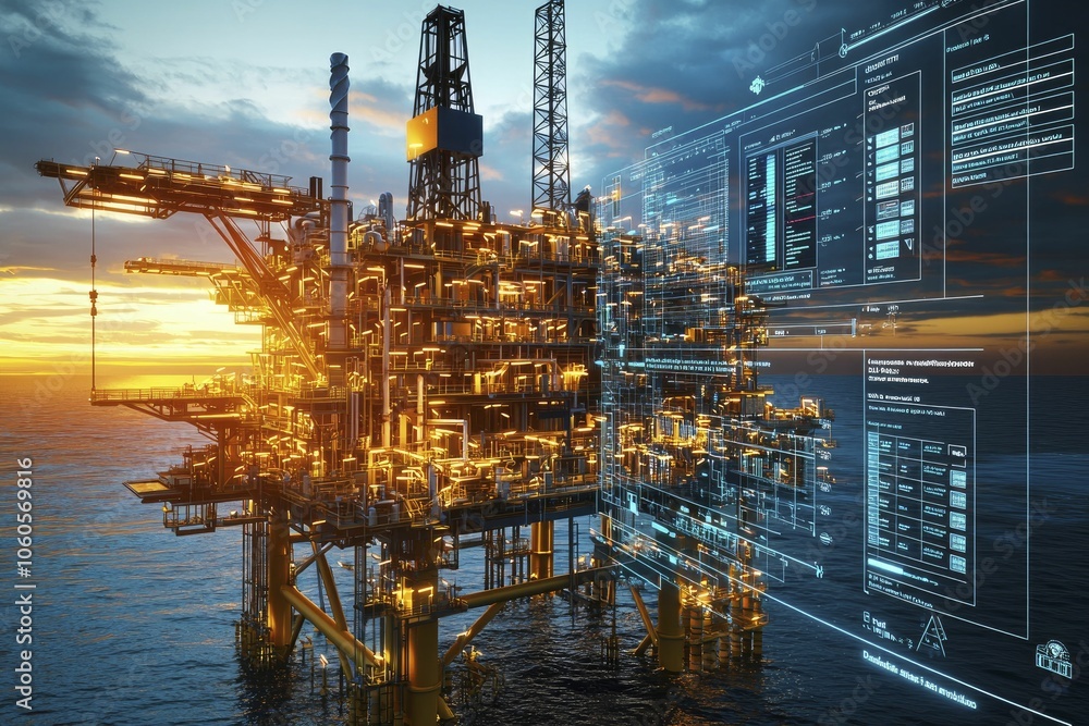 A digital twin of an oil rig, with complex machinery, real-time ...