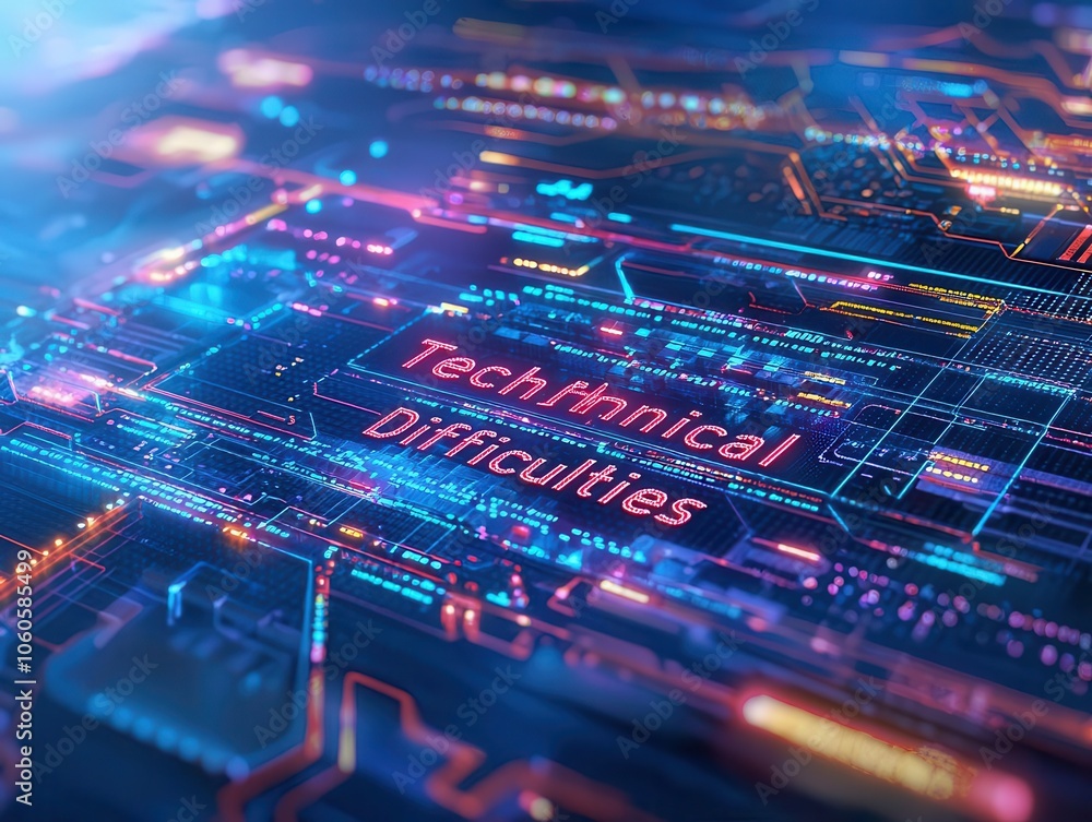 Holographic "Technical Difficulties" text, pixelated glitch effects ...