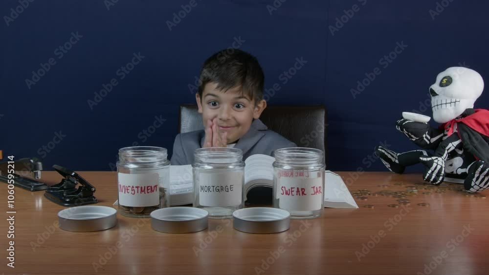 A child in businesswear makes greedy face expression and hands gesture ...