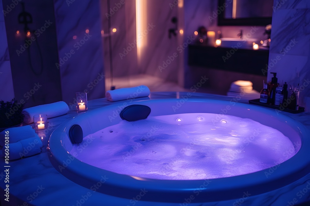 Portrait photo of a luxury bathroom featuring a jacuzzi tub, marble ...