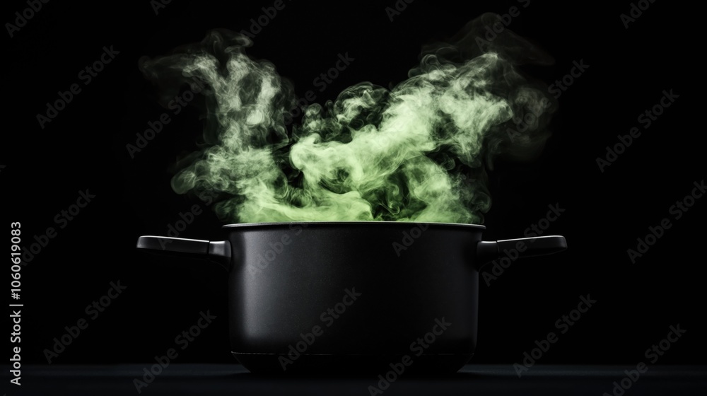 Black cooking pot emitting green smoke on a dark background, creating a ...