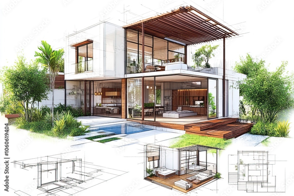 Process of designing a luxury villa, featuring concept drawings, 3D ...