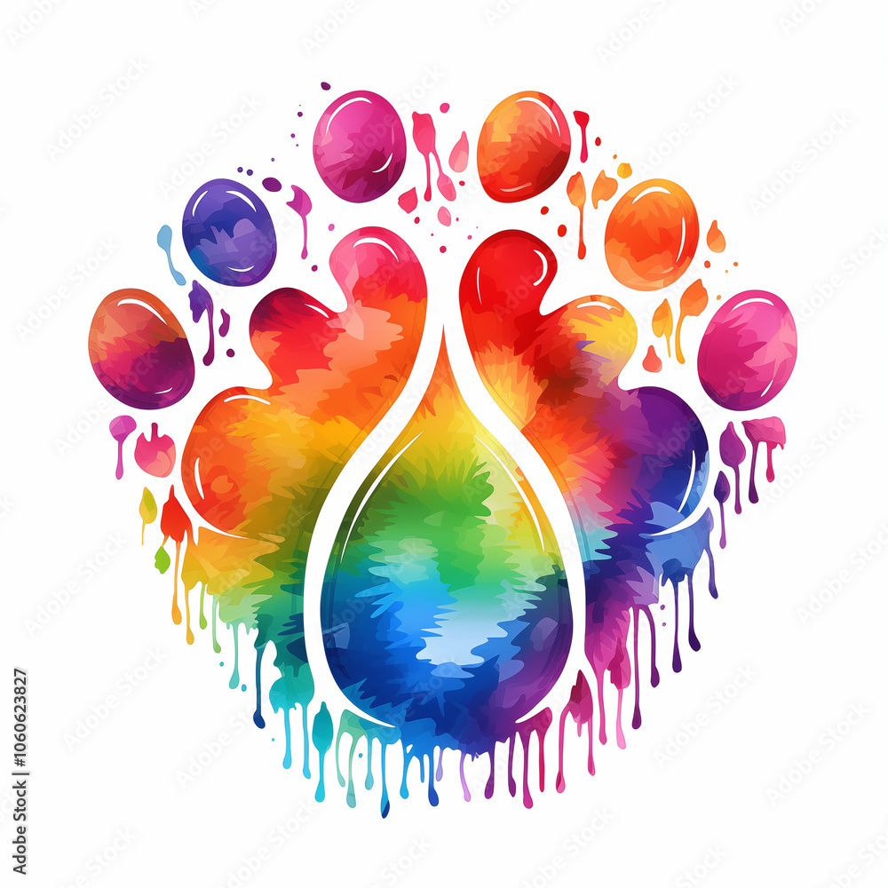 Colorful rainbow paw print design with vibrant paint droplets and ...
