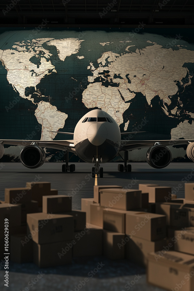 Airplane with cargo boxes in hangar against world map backdrop Stock ...