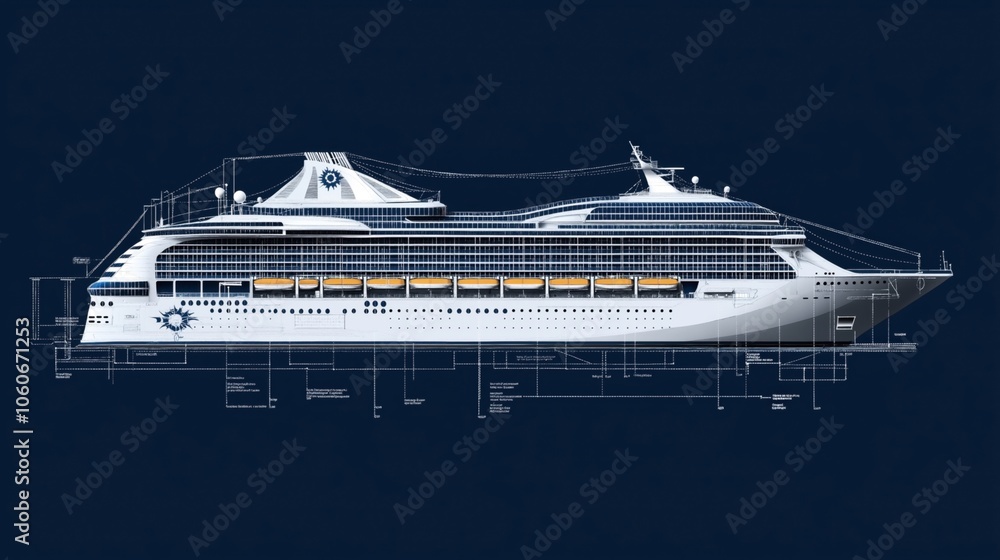 Detailed blueprint illustration of a large cruise ship with labeled ...