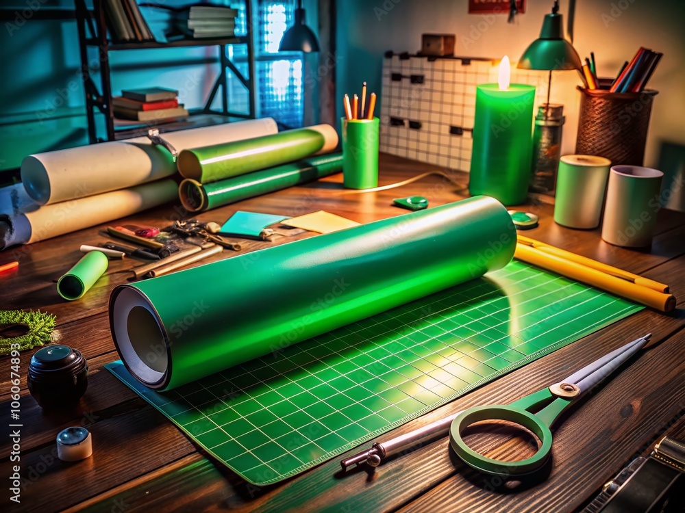 Night Photography of Green Vinyl Film on a Cut Table for Plotter ...