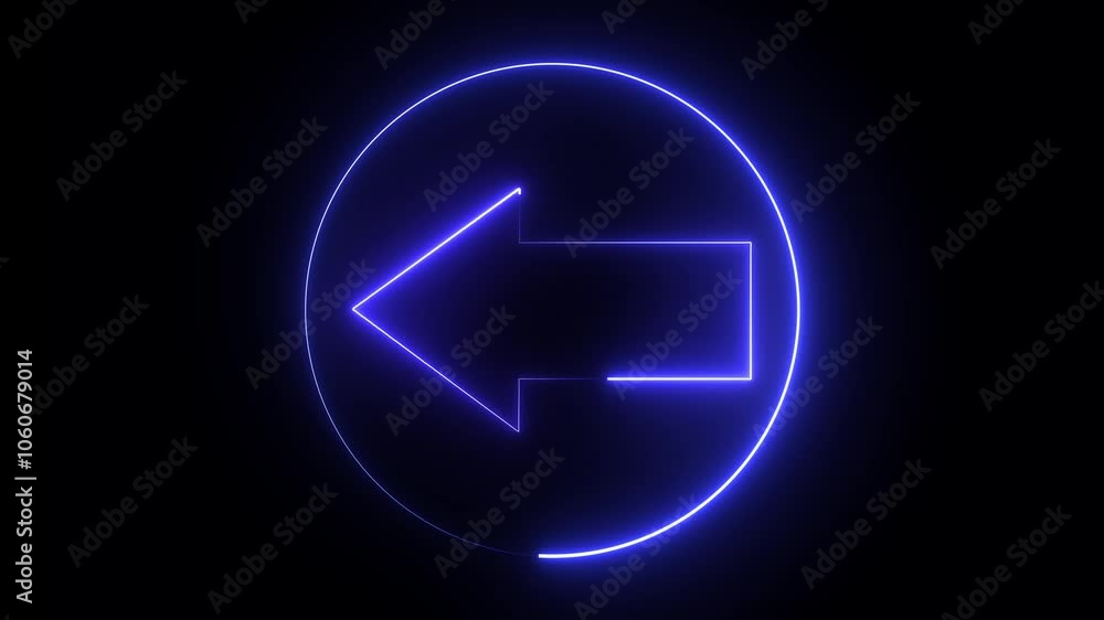 A vibrant neon left arrow glows in bright shades of blue and green ...