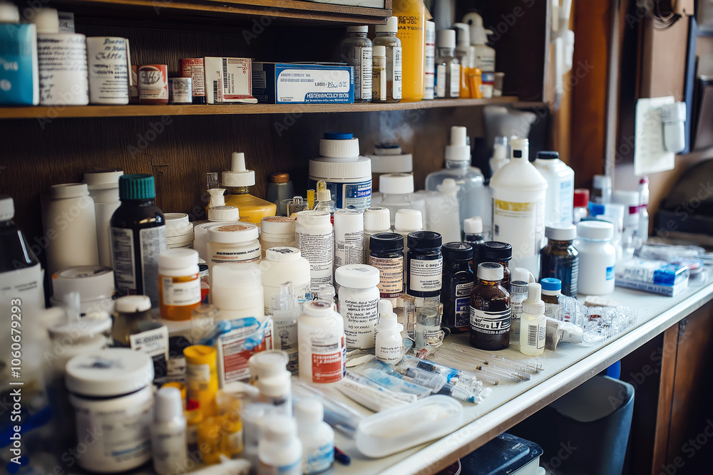 Assortment of over-the-counter medication bottles, syringes, and other ...