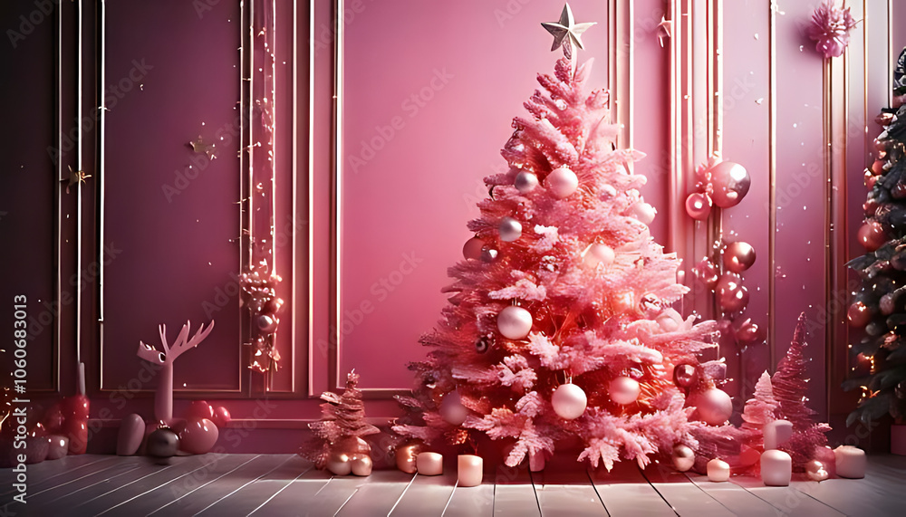artificial pink christmas tree decorations festive holiday background ...