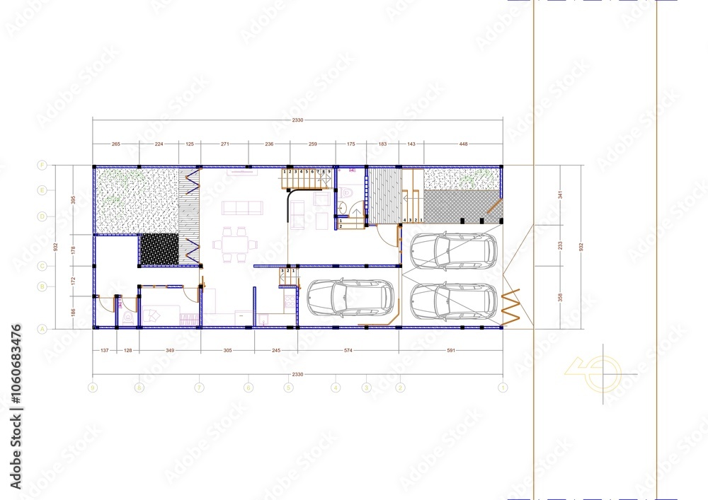 2D top view floor plan of a single-story house on a 9x23m lot, featuring notations for room ...