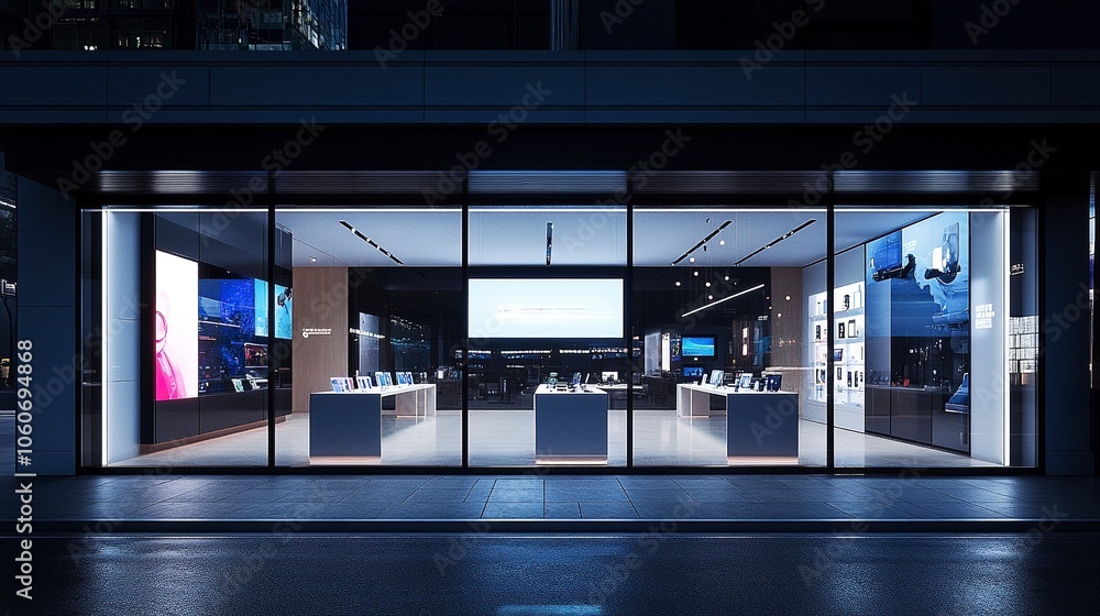 A sleek, modern tech store with large, well-lit glass windows ...