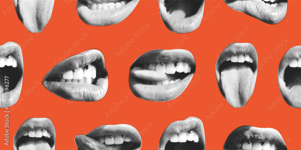 Seamless pattern with woman lips. Contemporary art collage with female open mouth. Female ...
