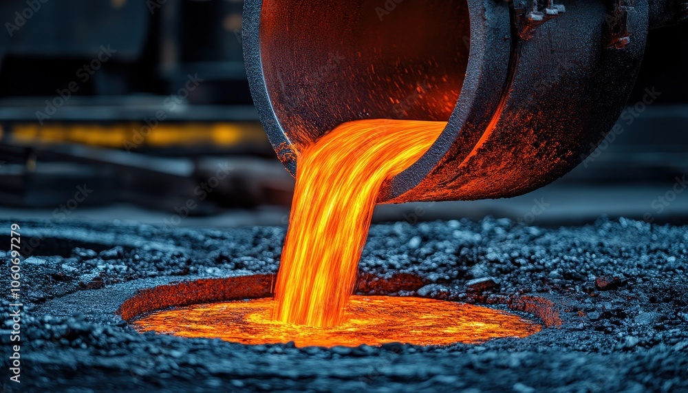Liquid steel is poured from a metallurgical ladle into a casting mold ...