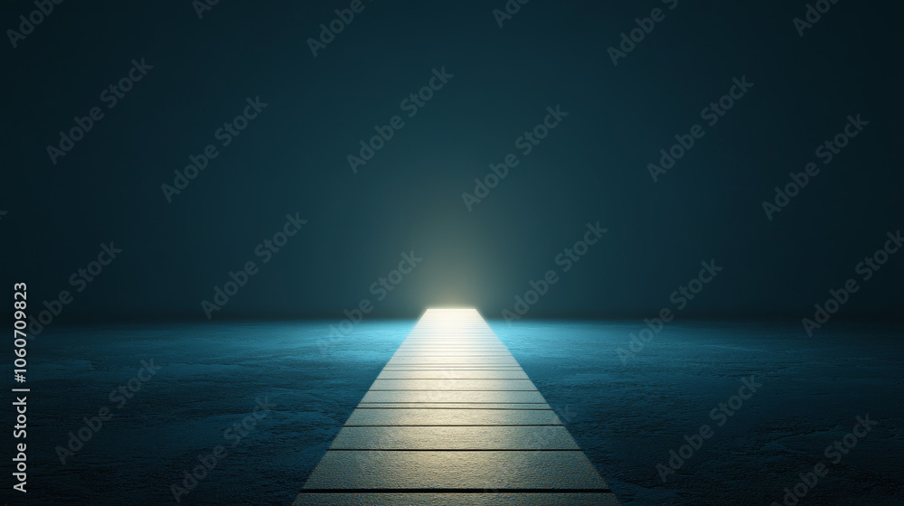 pathway illuminated by bright light leads into dark space, creating ...