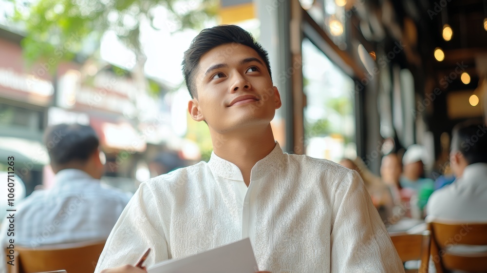 Filipino man in Barong Tagalog sketches in Los Angeles caf Stock Photo ...