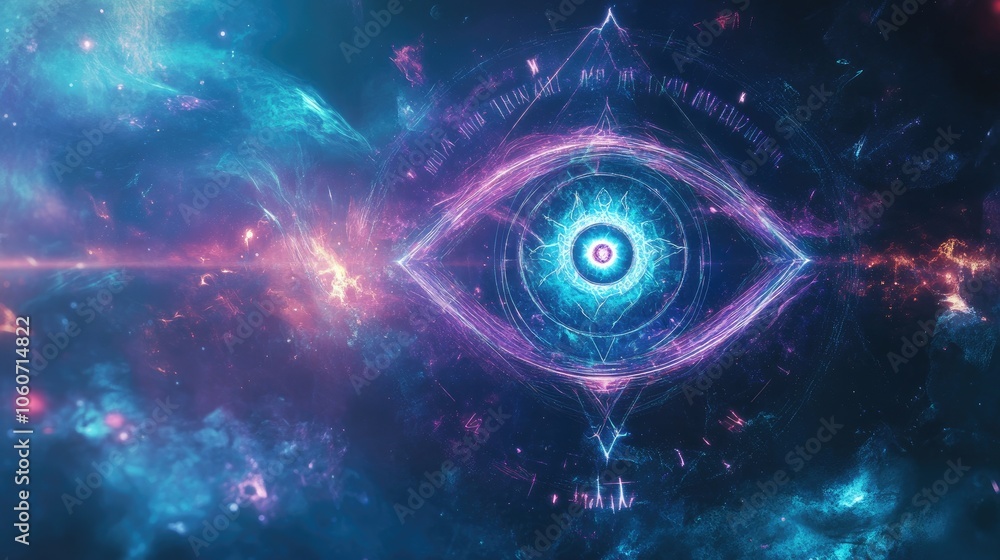 A mystical psychic background with floating runes, a glowing third eye ...