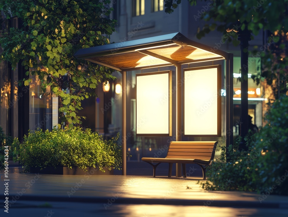 A modern bus stop is designed with an unoccupied advertising panel that ...