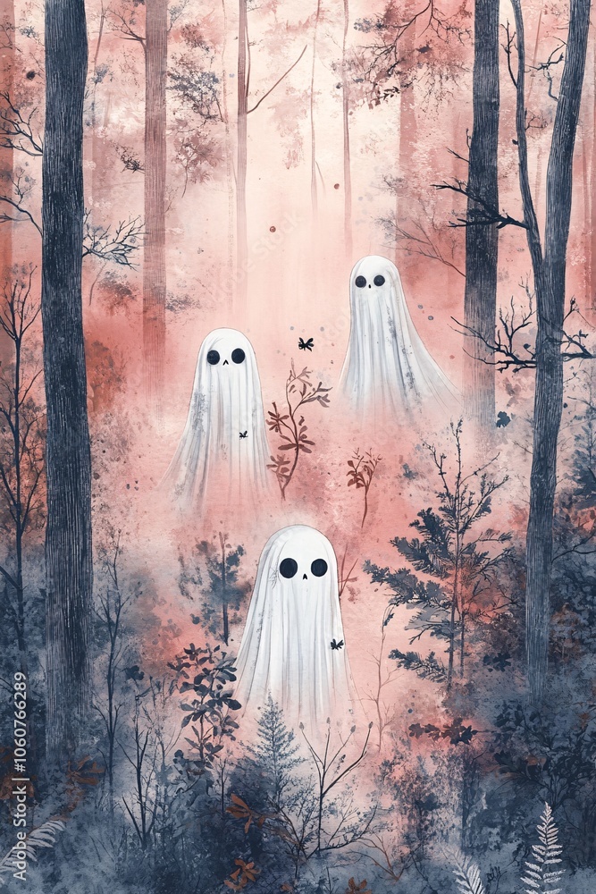 Three ethereal ghosts haunting a misty forest landscape surrounded by enigmatic flora and fauna ...