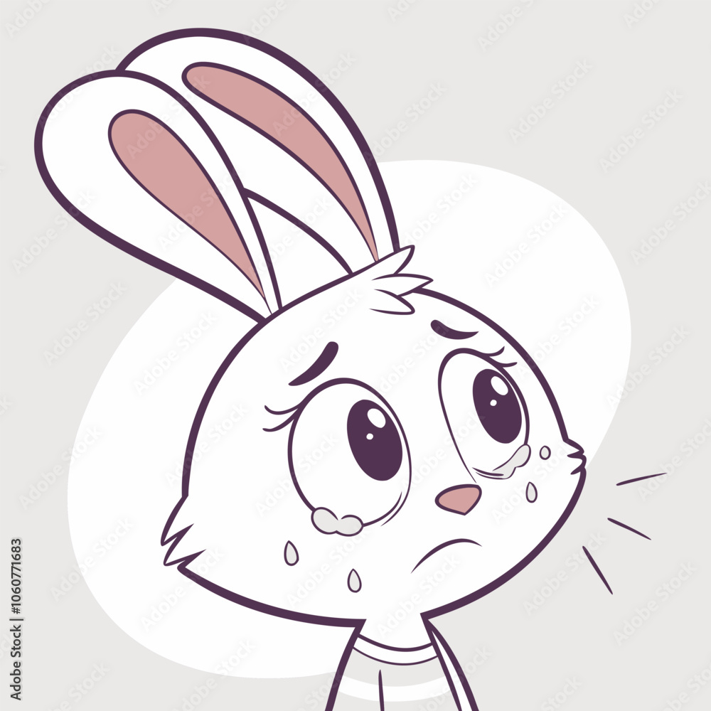 A cute, cartoon rabbit with big, sad eyes and tears rolling down its ...