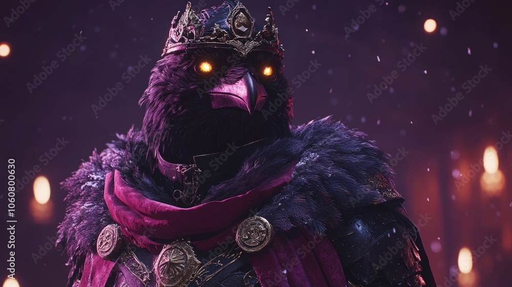 A raven with glowing eyes wears a golden crown and red cape, standing ...