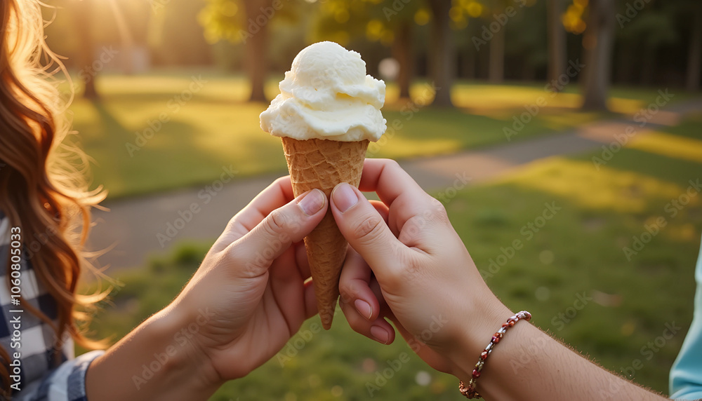 Sharing a delightful ice cream cone in a sunny park at golden hour with ...
