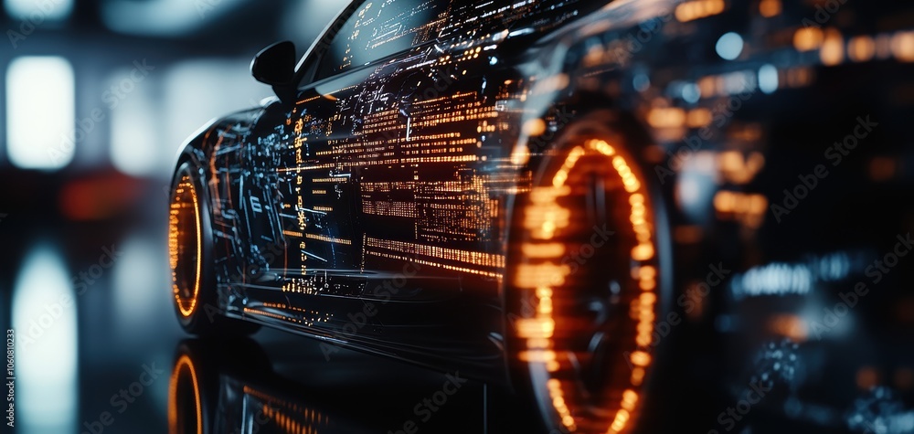 Futuristic car design featuring digital elements and glowing components ...