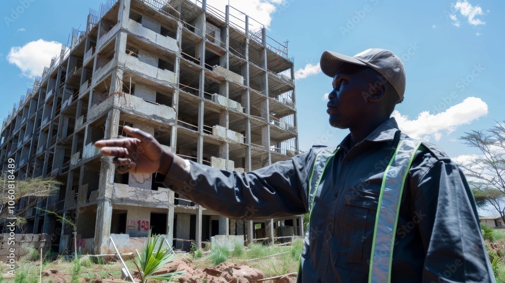 The team leader gestures towards the unfinished building highlighting ...