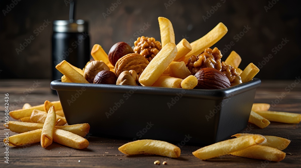 Nuts and French fries fast food combo, unhealthy junk meal assortment ...