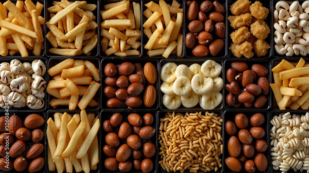 Nuts and French fries fast food combo, unhealthy junk meal assortment ...
