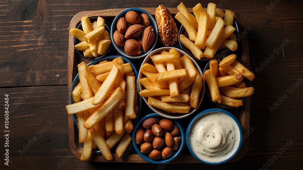 Nuts and French fries fast food combo, unhealthy junk meal assortment ...