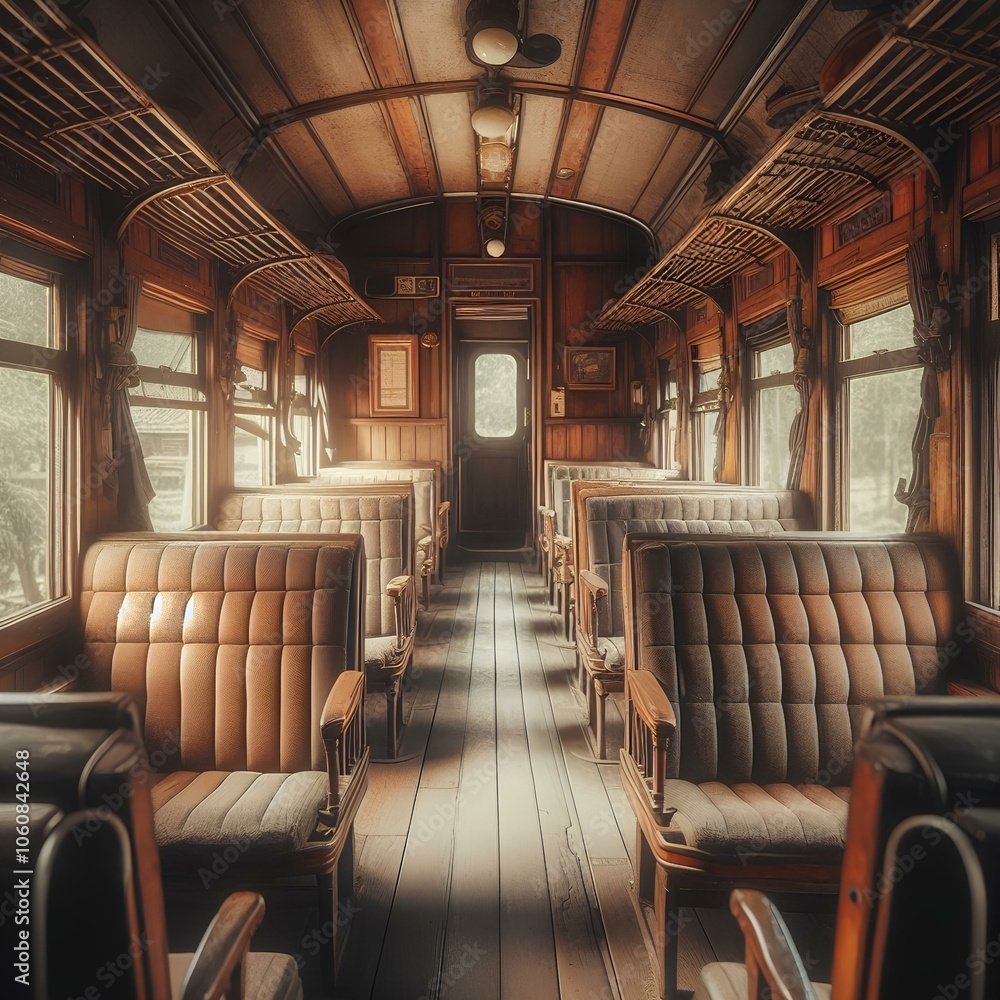 Old train interior, vintage railway carriage, retro wooden seats, empty ...