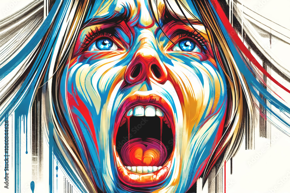 An emotional painting of a woman screaming, depicted with bold blue ...