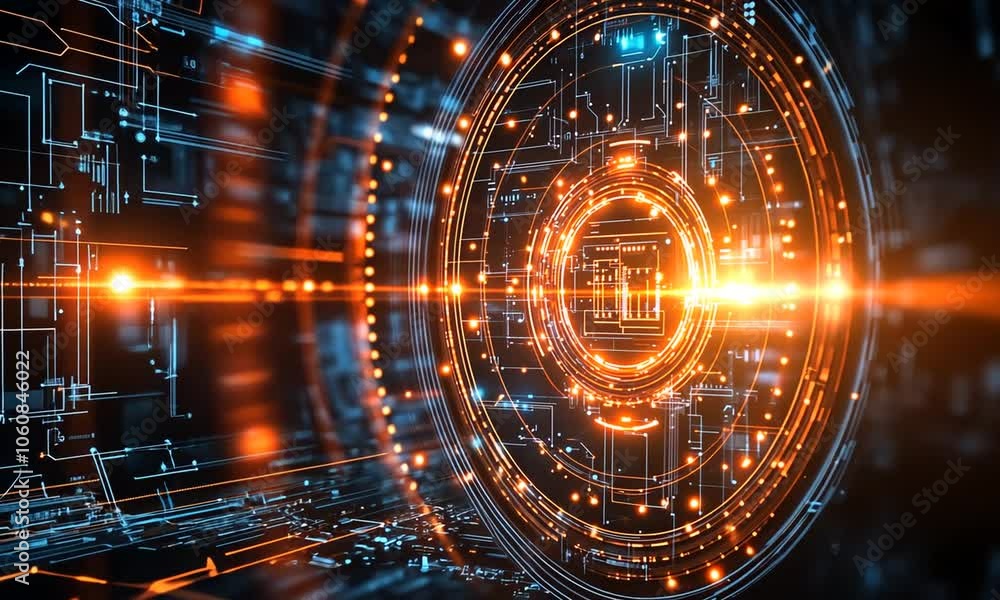 A futuristic digital landscape with glowing circuits and orbs ...