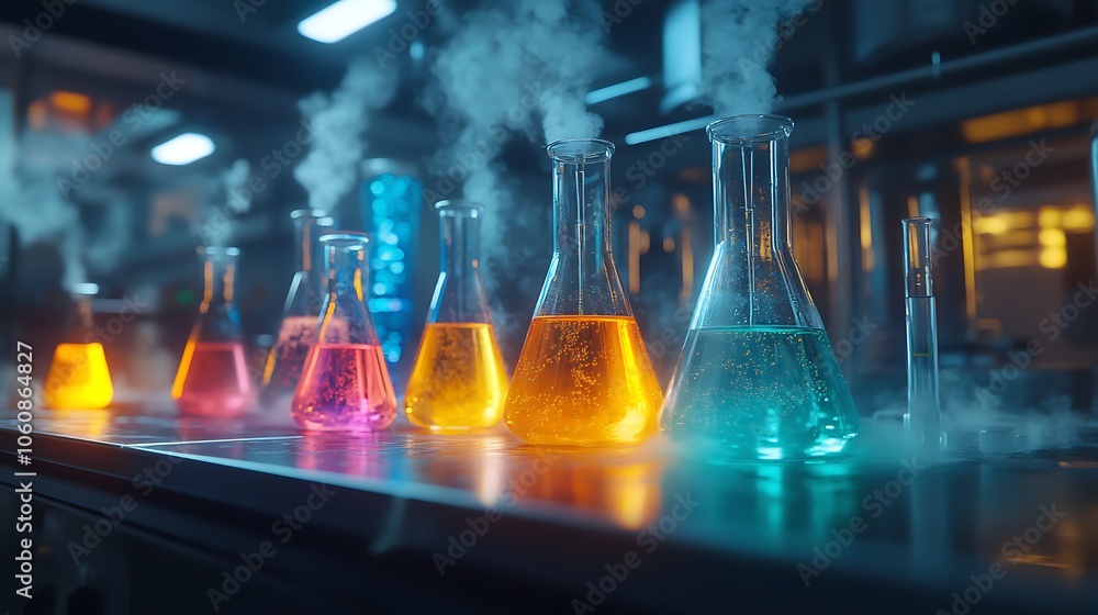 Laboratory scene with glassware holding various colorful chemical ...