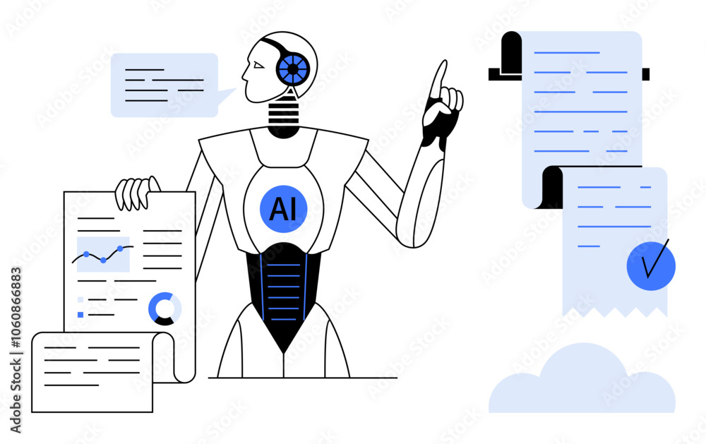 A robot with AI symbol holding data charts and documents points to a ...