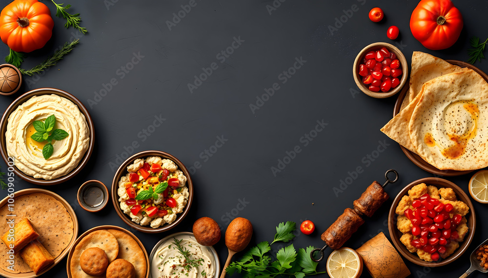 Assorted Middle Eastern and arabic dishes on a dark rustic background ...