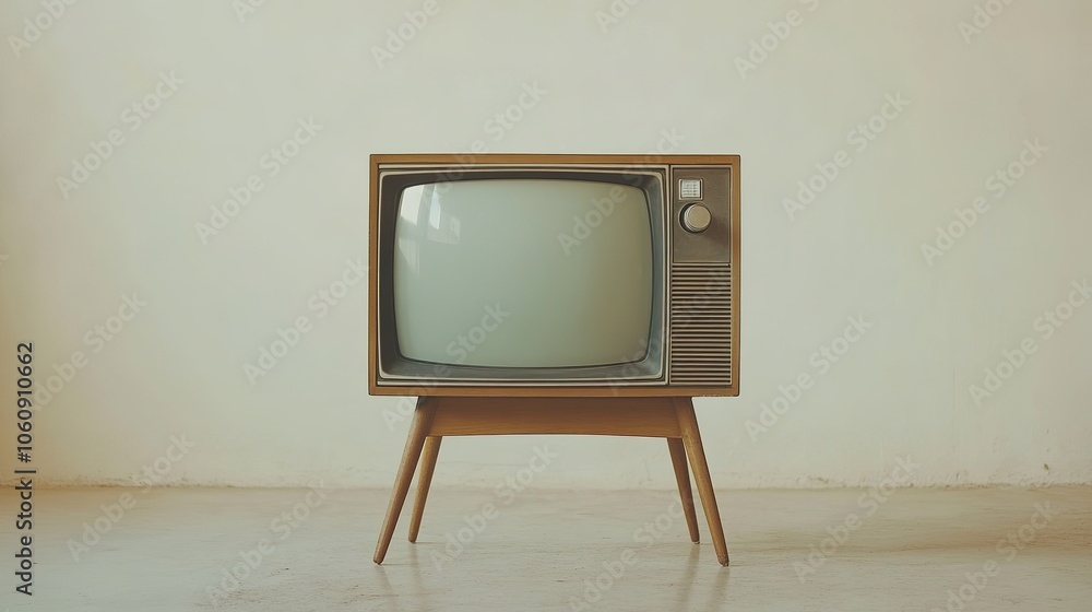 A well-worn, vintage television with a boxy design and empty screen ...