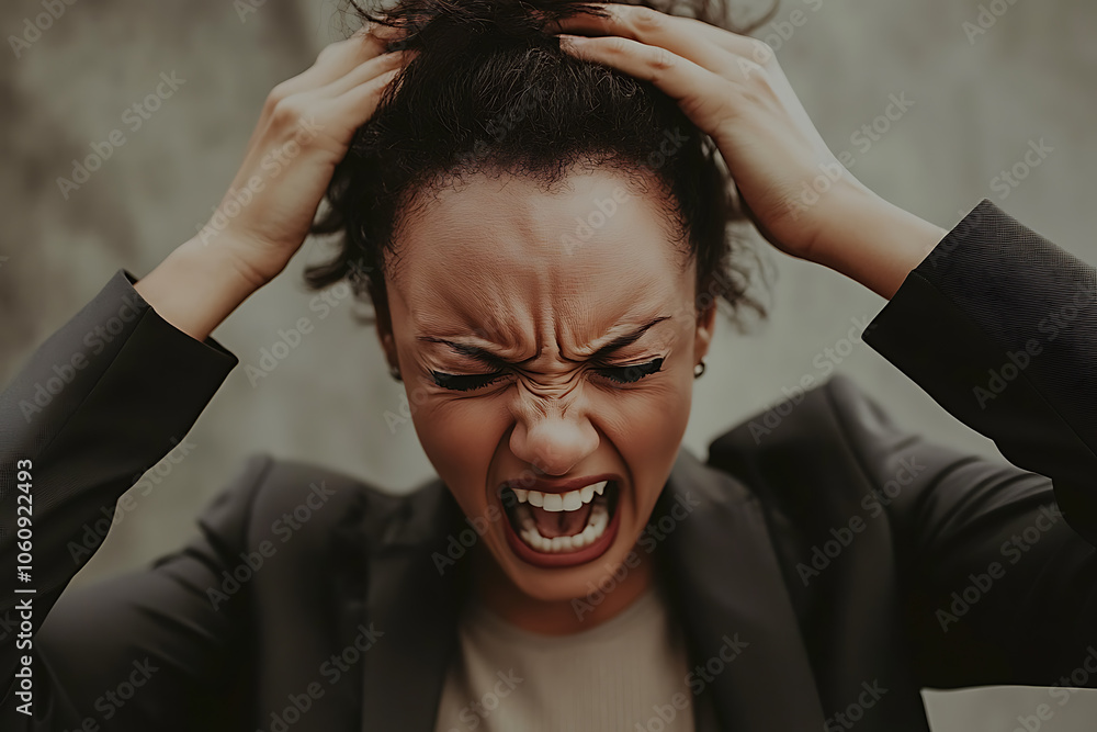 An angry and depressed woman holding her head with her hands, screaming ...
