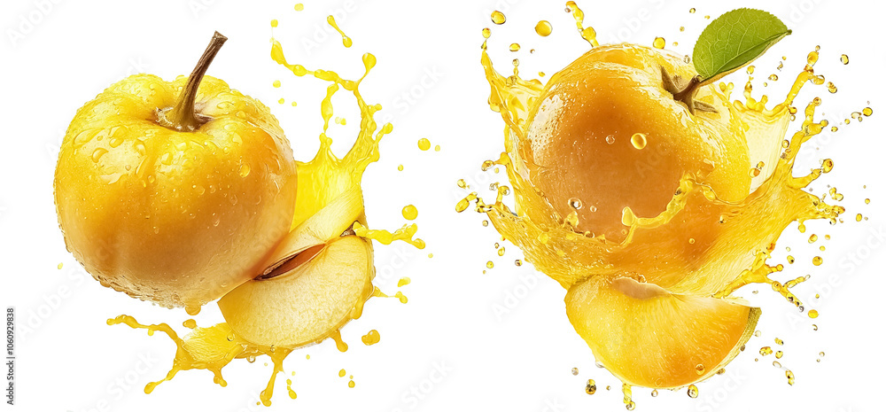 quince with leaf and slice in juicy splash isolated on white background ...
