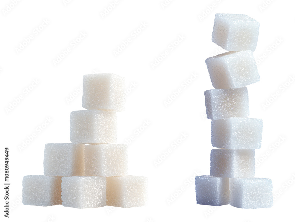 White sugar cubes stacked and leaning isolated on white background ...