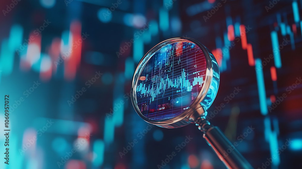 A magnifying glass over an abstract stock market graph The focus is on ...